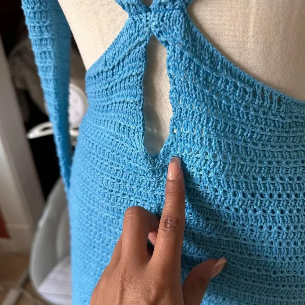Dresses | Womens Blue Crochet Cut Out Knit Mini Dress S Beach Vacation ...